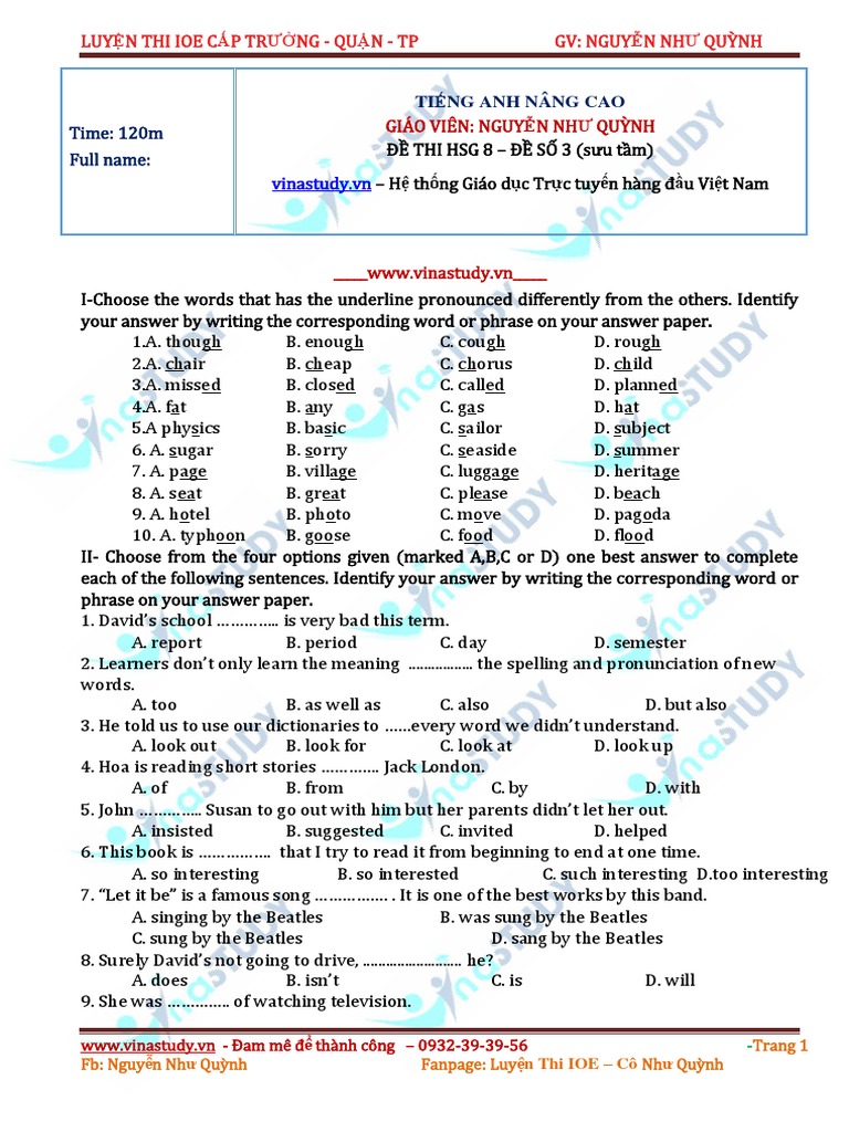 De Thi Hoc Sinh Gioi Tieng Anh Lop 8 | PDF