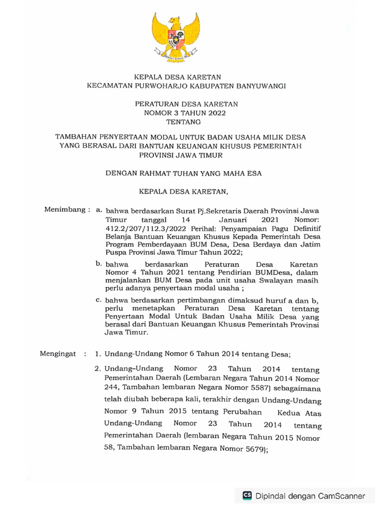 Perdes Tambahan Penyertaan Modal Utk Bumdes Yg Berasal DR BKK Prov | PDF