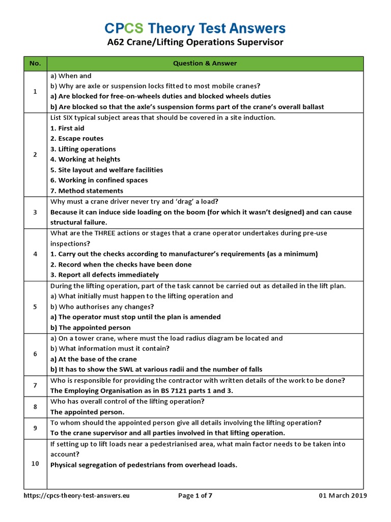 Cpcs A62 Crane Lifting Operations Supervisor Theory Test Answers