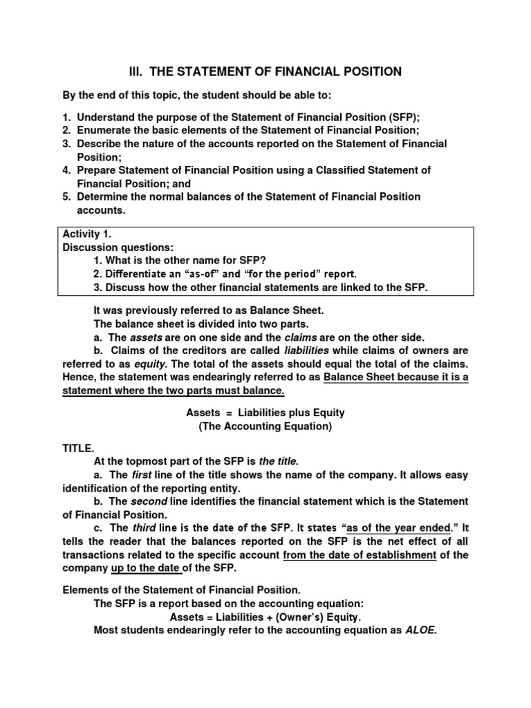 Iii. Statement of Financial Position | PDF | Debits And Credits | Balance Sheet