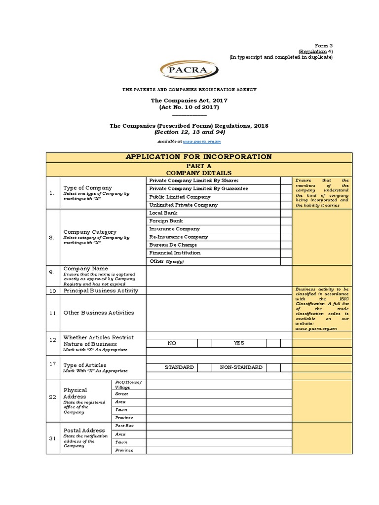 PACRA Form 3: Company Registration Guide | PDF