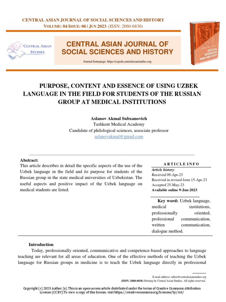Purpose, Content and Essence of Using Uzbek Language in The Field For ...