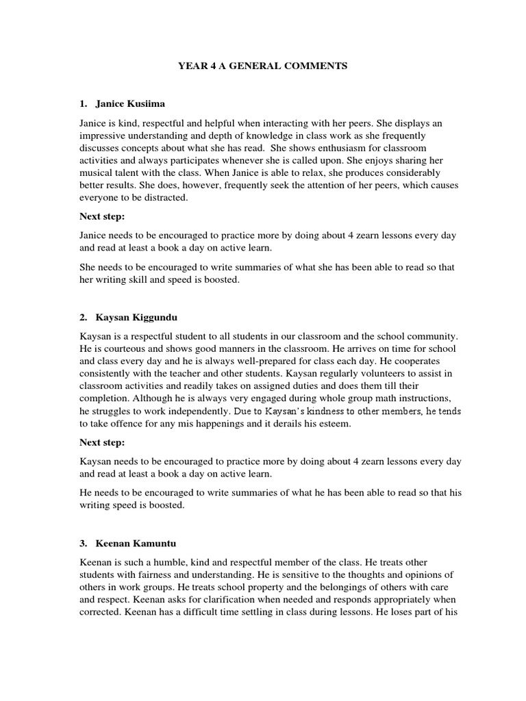 YEAR 4 A GENERAL COMMENTS gp1 | PDF | Career & Growth