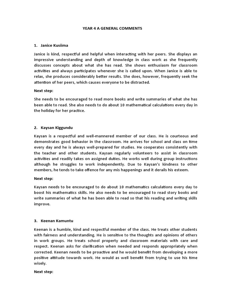 Year 4 A General Comments | PDF