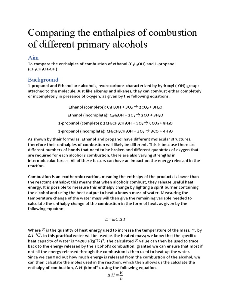 Comparing The Enthalpy of Combustion of Different Alcohols | PDF