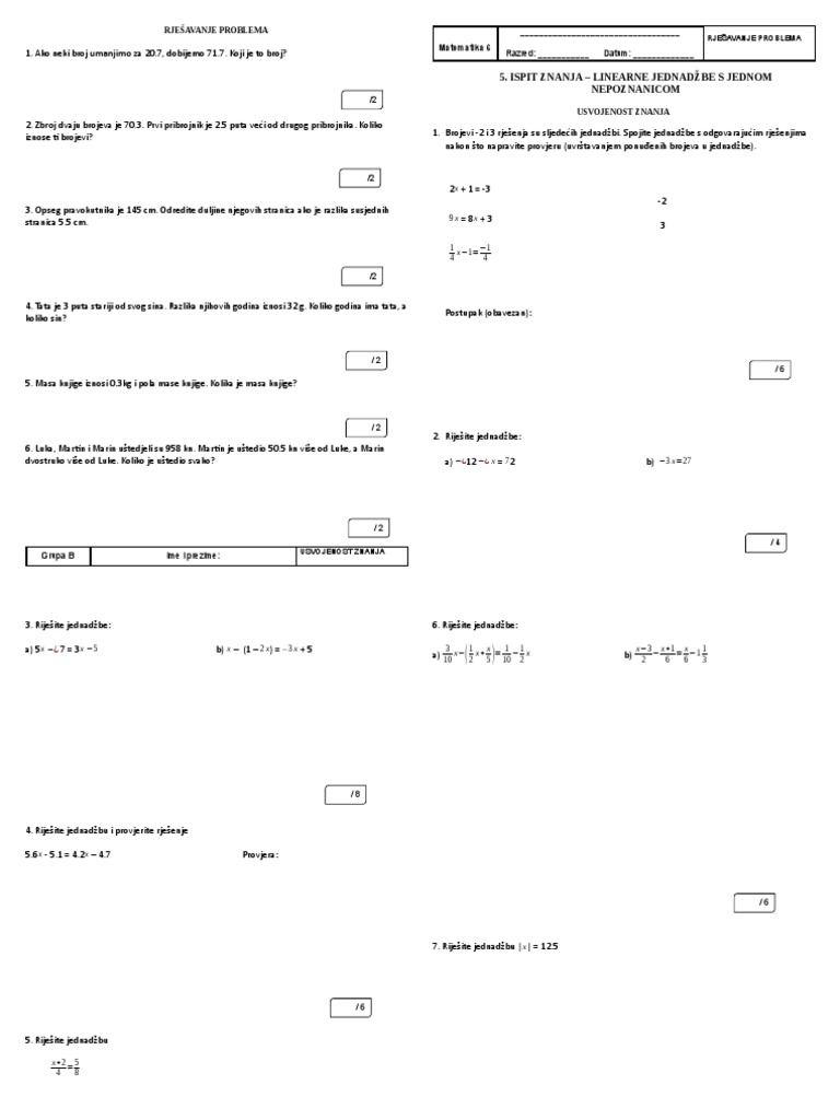 Ispit Znanja-Linearne Jedadžbe B | PDF