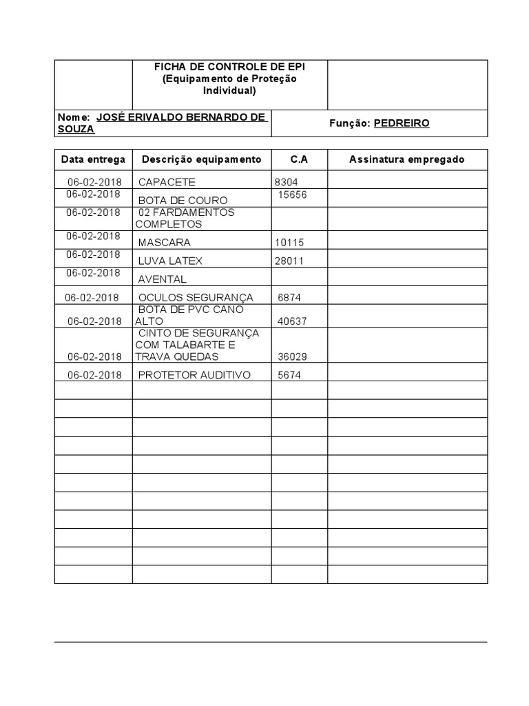 Ficha de Controle de Epi | PDF