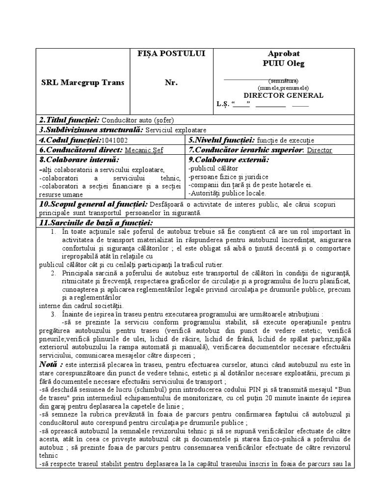Fisa Postului Conducatori Auto | PDF