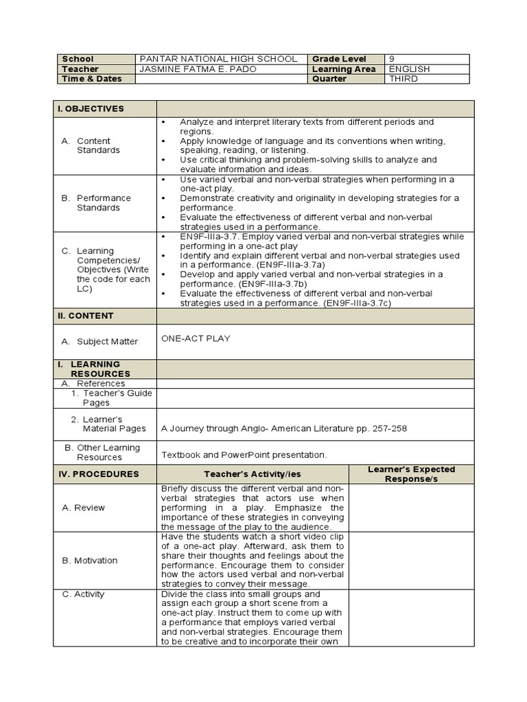 Q3-Oneact Play | PDF | Nonverbal Communication | Lesson Plan