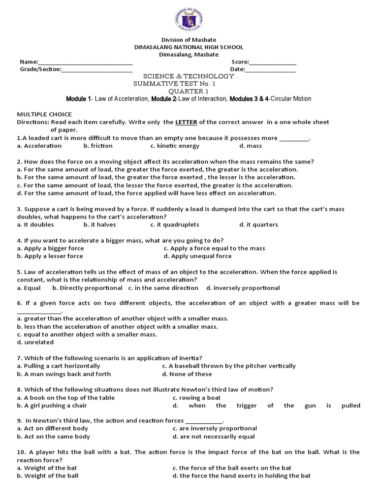 Summative Test in Grade 8 Science - 1st Quarter | PDF