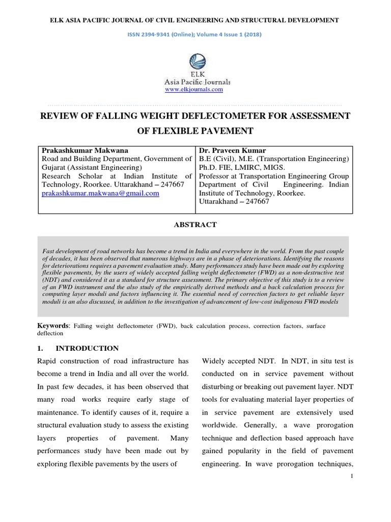 REVIEW OF FALLING WEIGHT DEFLECTOMETER FOR ASSESSMENT OF FLEXIBLE PAVEMENT (Corrected) | PDF