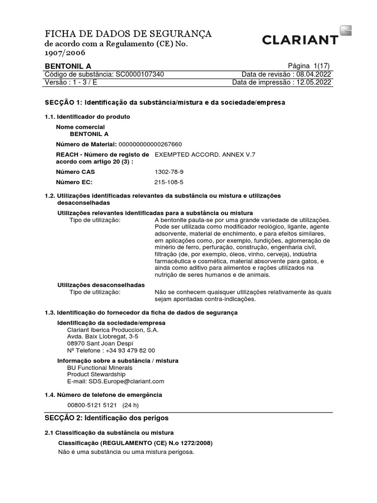 Ficha Segurança - MSDS Bentonil A | PDF