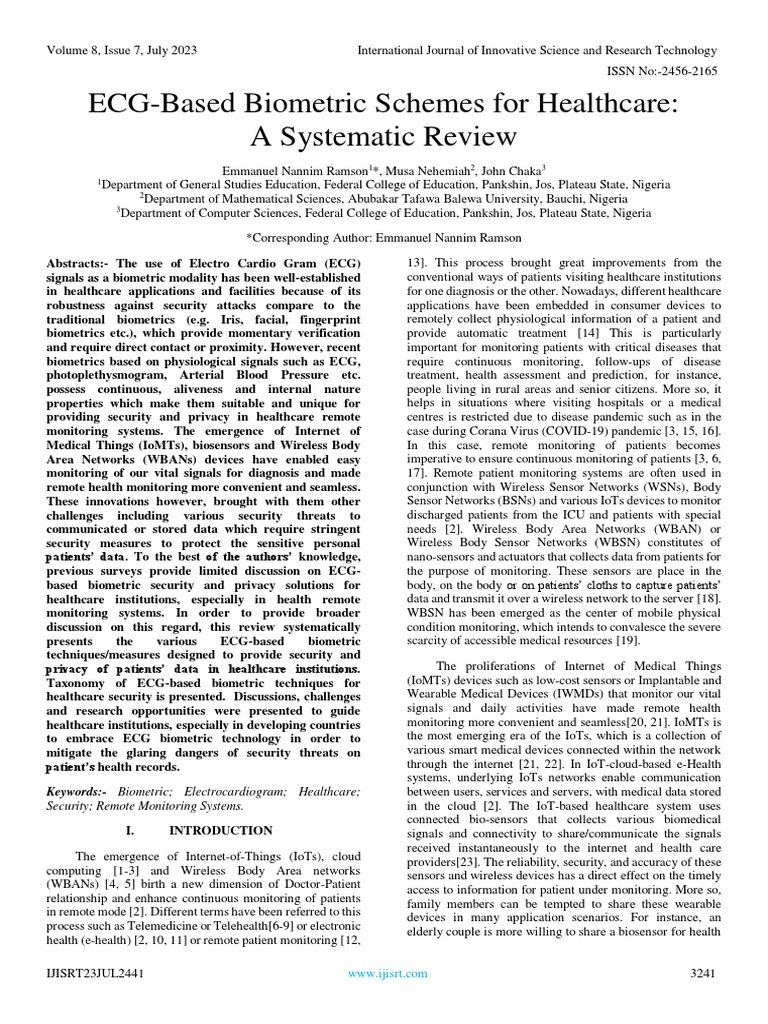 ECG-Based Biometric Schemes For Healthcare: A Systematic Review | PDF | Internet Of Things ...