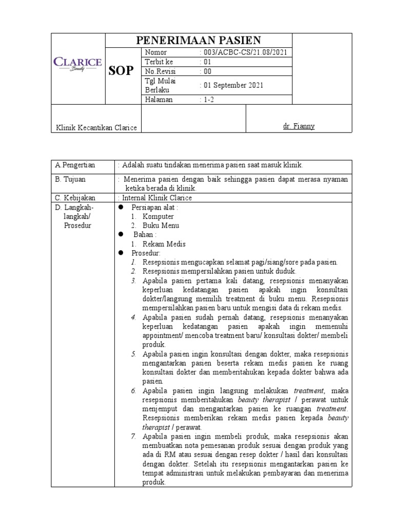 Sop Penerimaan Pasien | PDF