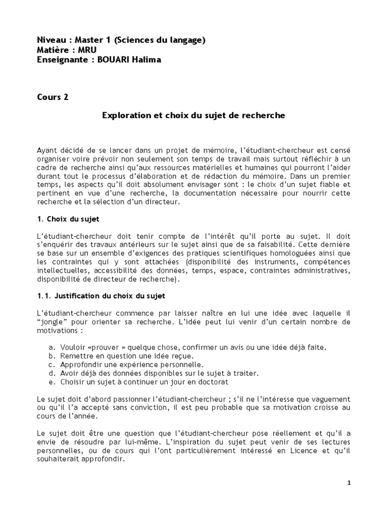 Choisir un sujet de mémoire en M1 | PDF | Évolution de carrière