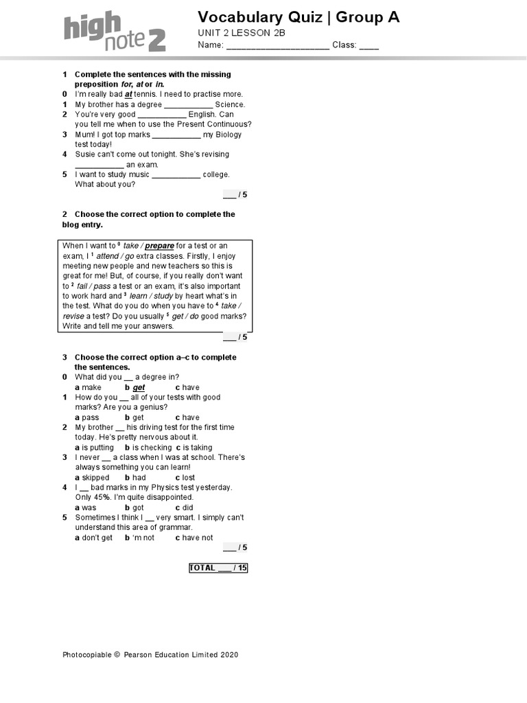 HighNote2 Vocabulary Quiz Unit02B GroupA | PDF