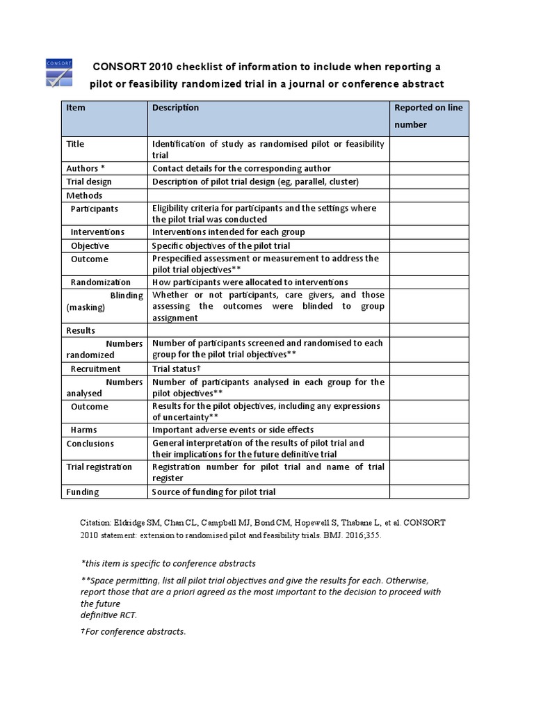 CONSORT Extension For Pilot and Feasibility Trials Abstracts Checklist | PDF | Randomized ...