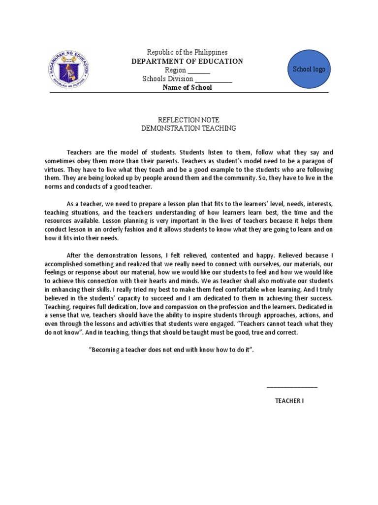 Sample Reflection Note | PDF | Teachers | Learning