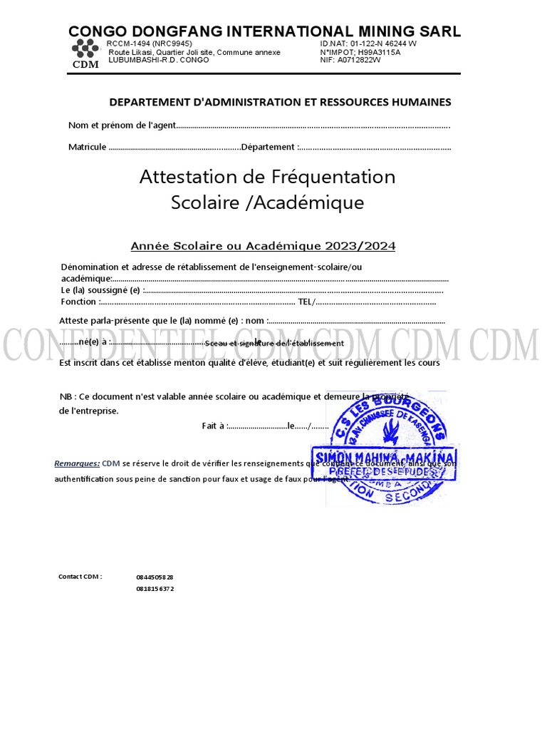 Attestation de Fréquentation Scolaire /académique: Congo Dongfang ...