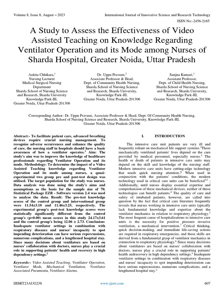 A Study To Assess The Effectiveness of Video Assisted Teaching On Knowledge Regarding Ventilator ...