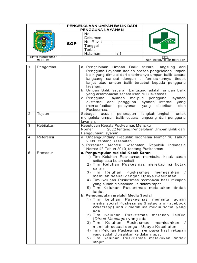 1.1.2.d SOP PENGELOLAAN UMPAN BALIK DARI PENGGUNA LAYANAN | PDF