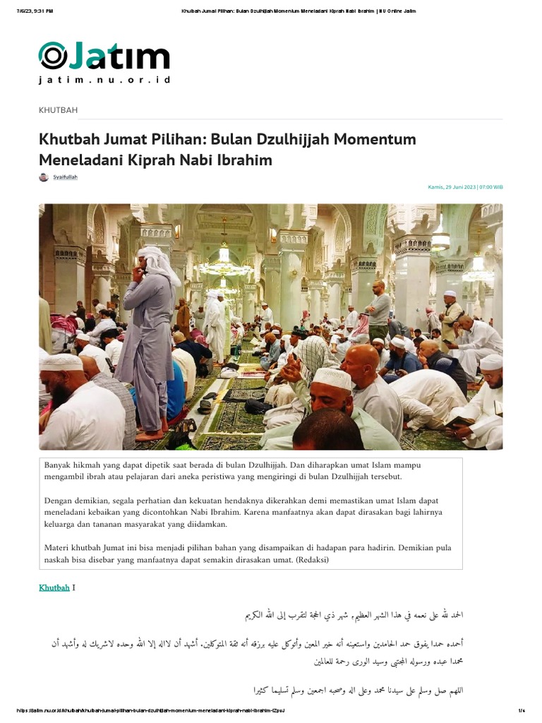 Khutbah Jumat Pilihan - Bulan Dzulhijjah Momentum Meneladani Kiprah Nabi Ibrahim - NU Online ...