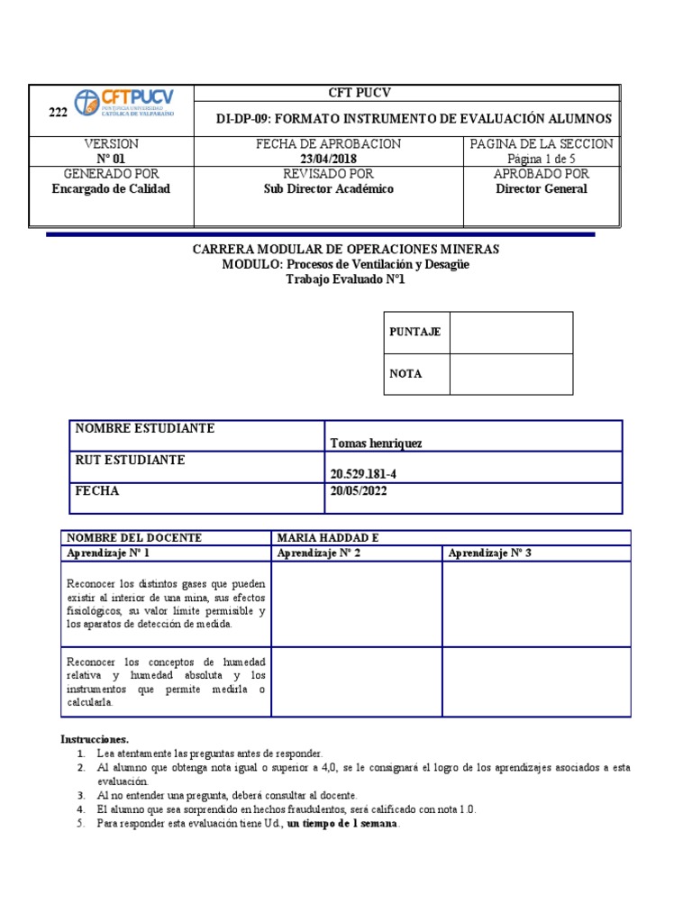 Evaluación Ventilación Minera CFT PUCV | PDF