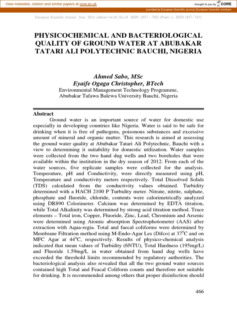 Physicochemical and Bacteriological Quality of Ground Water at Abubakar ...