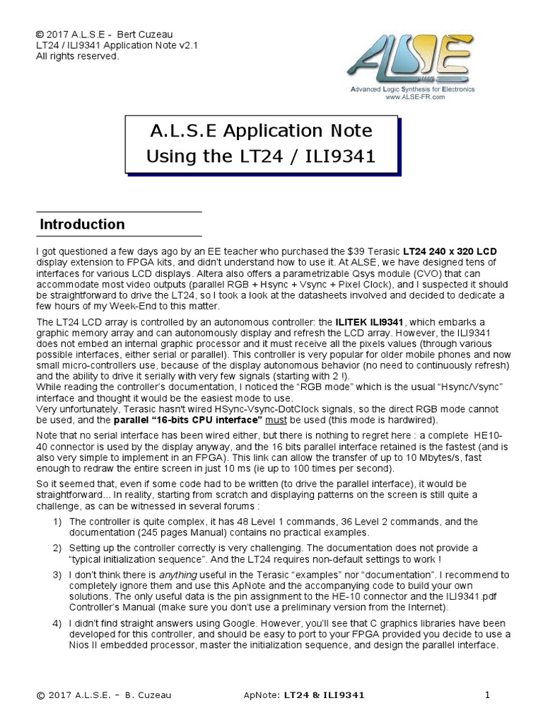 A.L.S.E Application Note Using The LT24 / ILI9341 | PDF | Field Programmable Gate Array ...