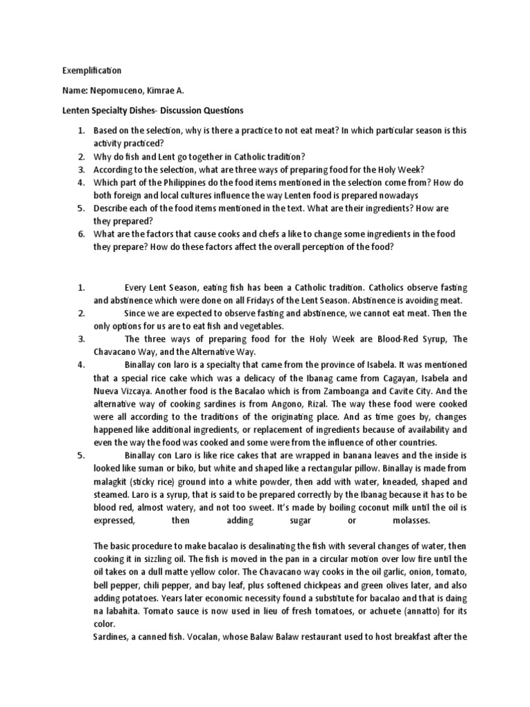 Lenten Specialty Dishes Discussion Questions | PDF | Lent | Sauce