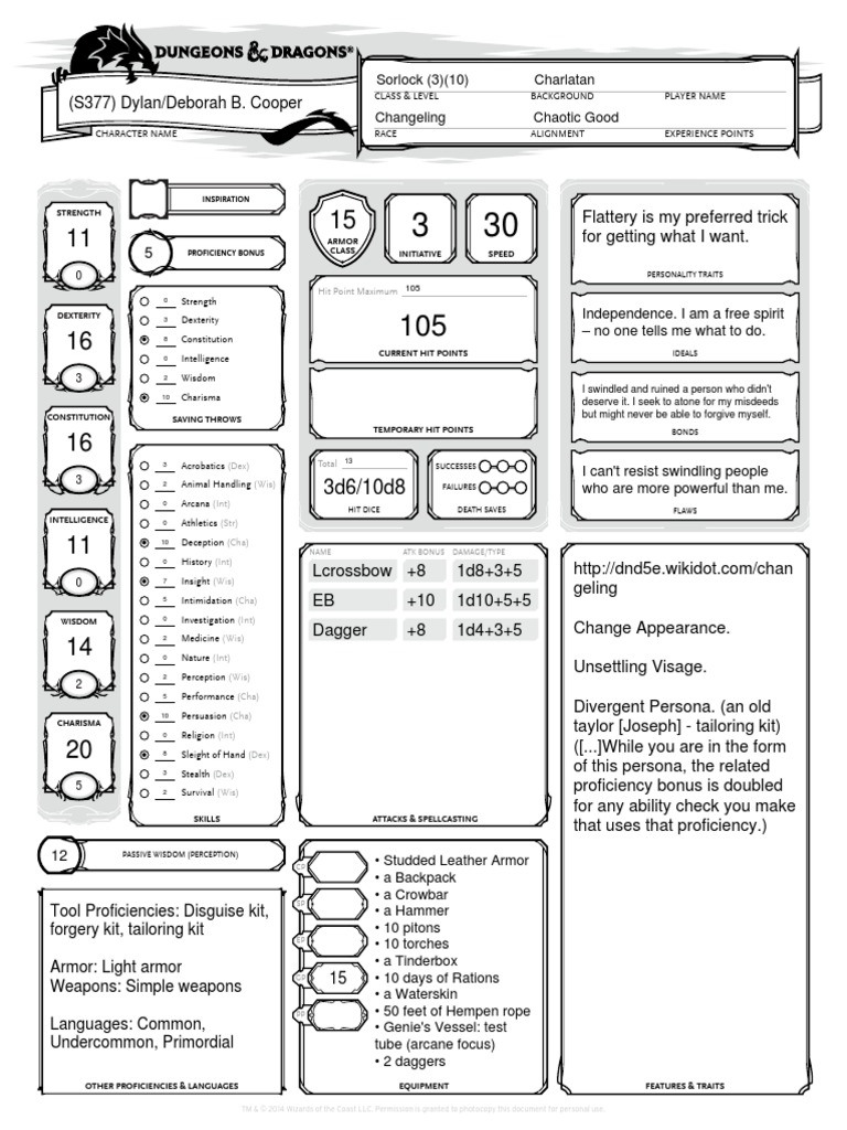 Character Sheet - Changeling Warlock | PDF