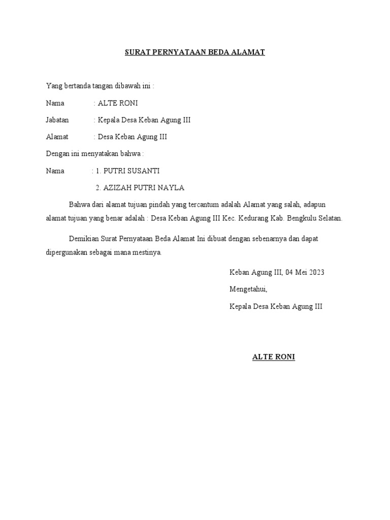 Surat Pernyataan Beda Alamat | PDF