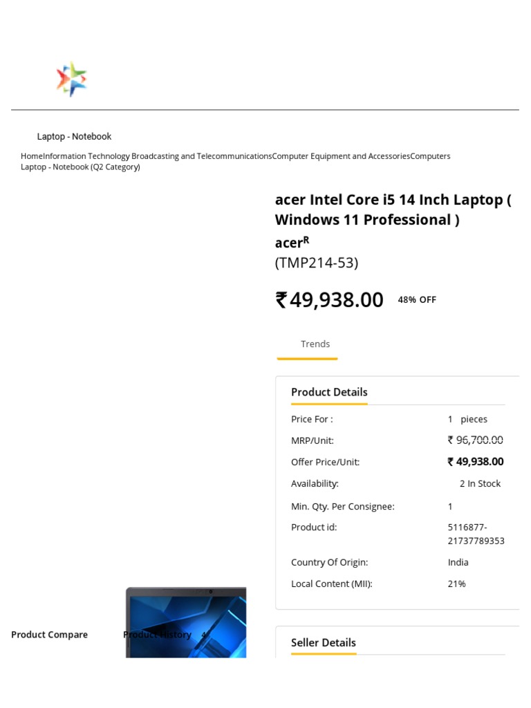 Acer Intel Core I5 14 Inch Laptop (Windows 11 Professional) Online - GeM | PDF | Solid State ...