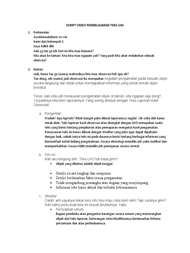 Script Video Pembelajaran Teks Lho | PDF