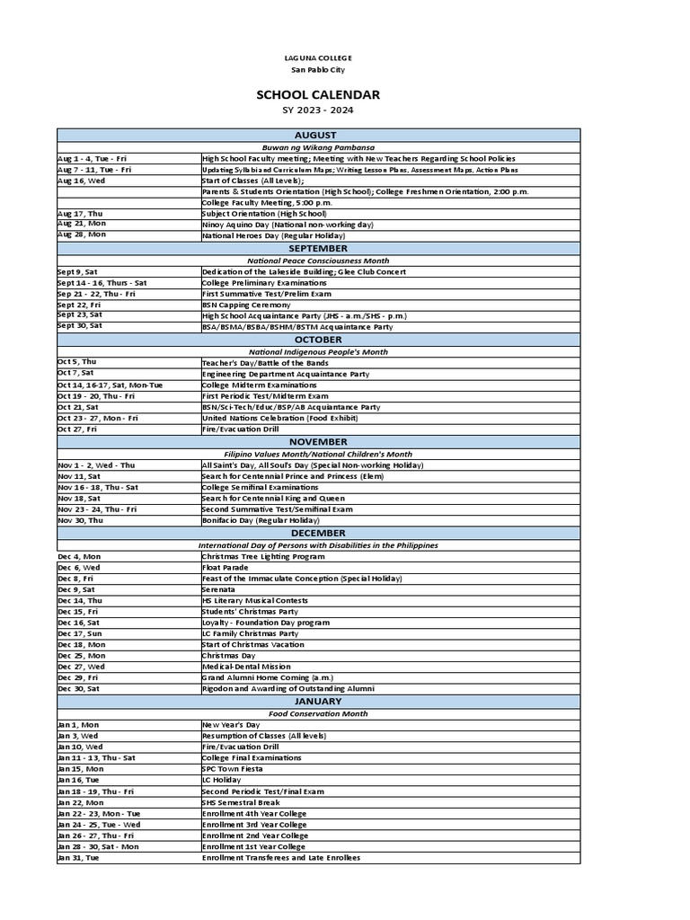 School Calendar SY 2023 2024 | PDF