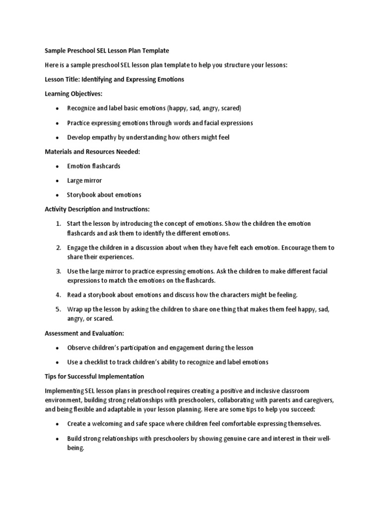 Sample Preschool SEL Lesson Plan Template | PDF