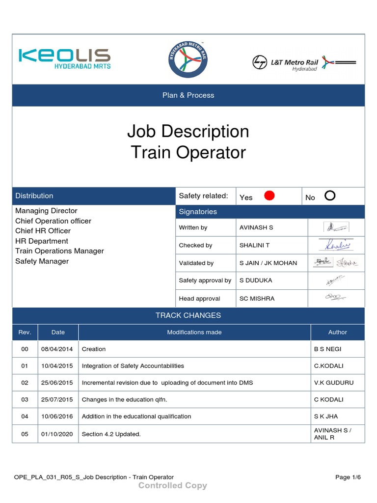 Train Operator Job Description | PDF | Safety | Personal Protective ...