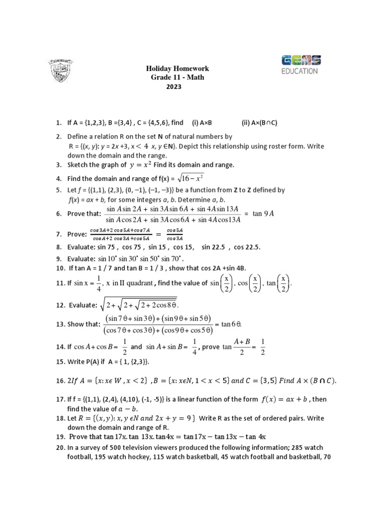 Holiday Homework Grade 11 - Math 2023: F (X) Ax + B, For Some Integers A, B. Determine A, B | PDF