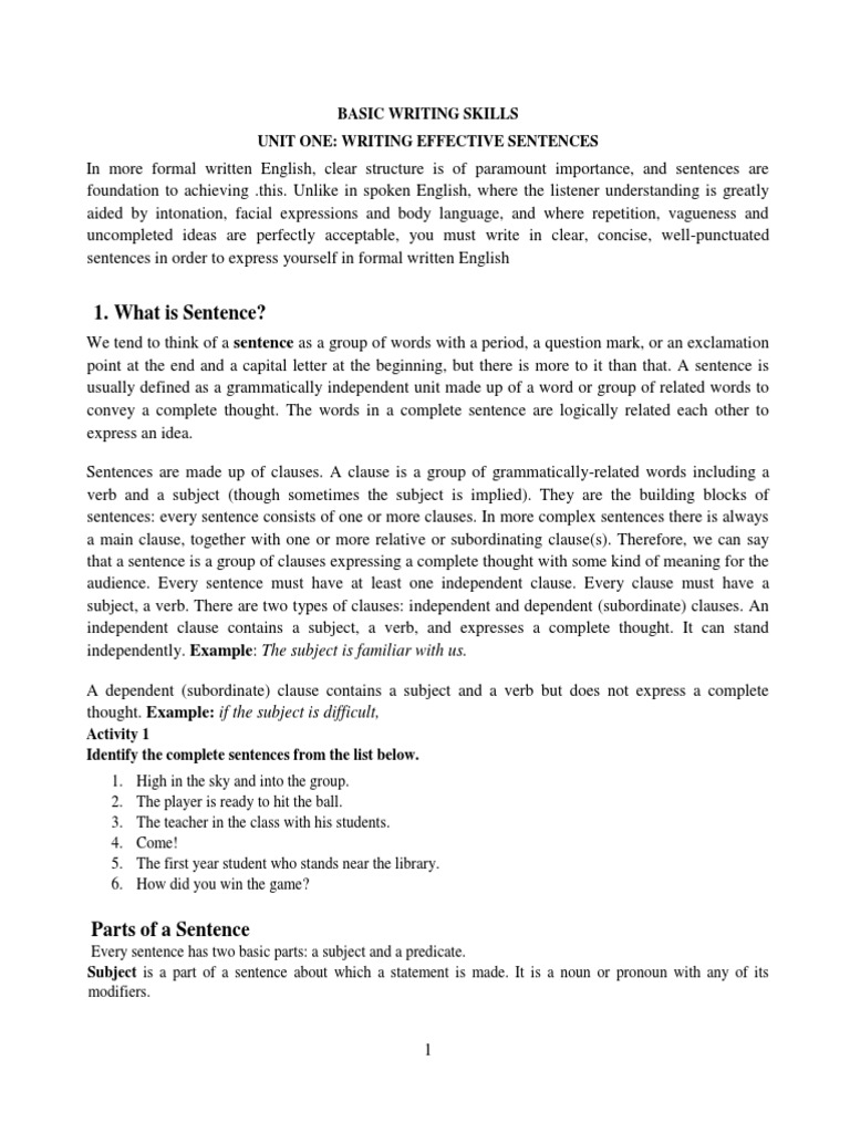 Basic Writing Skill Handout 2015 | PDF | Subject (Grammar) | Sentence ...
