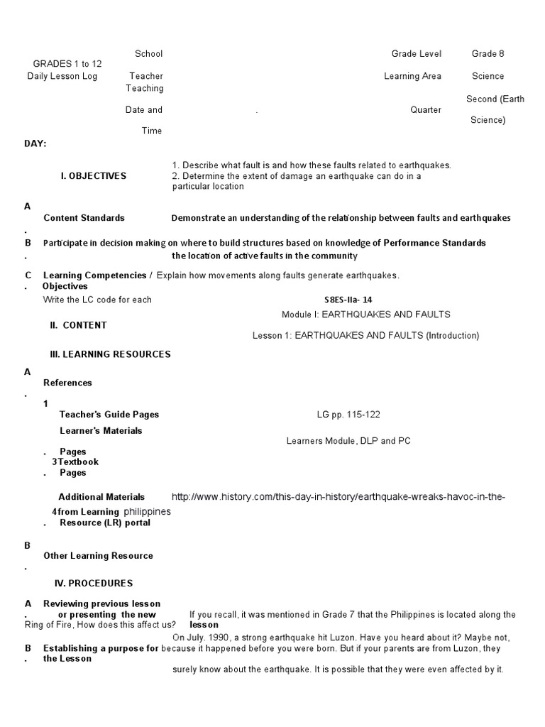Earthquakes and Faults Lesson Plan | PDF | Earthquakes | Learning
