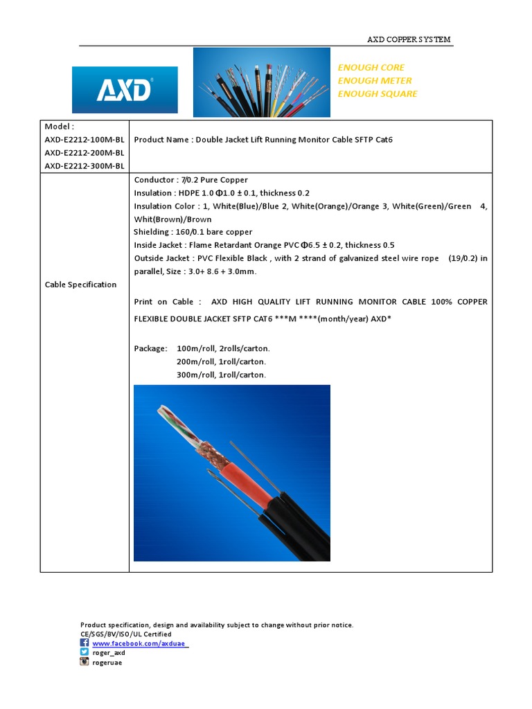 AXD SFTP CAT6 Twisted Pair Double Jacket LIFT MONITOR CABLE Specification | PDF