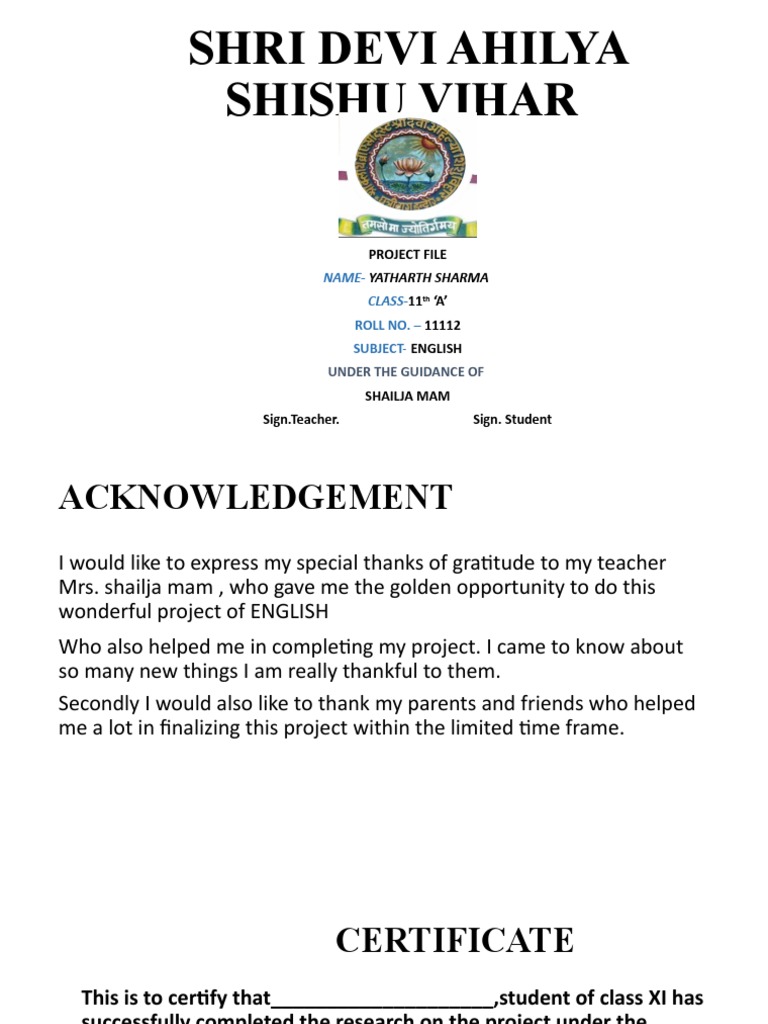 Class 11 English Project Acknowledgment | PDF