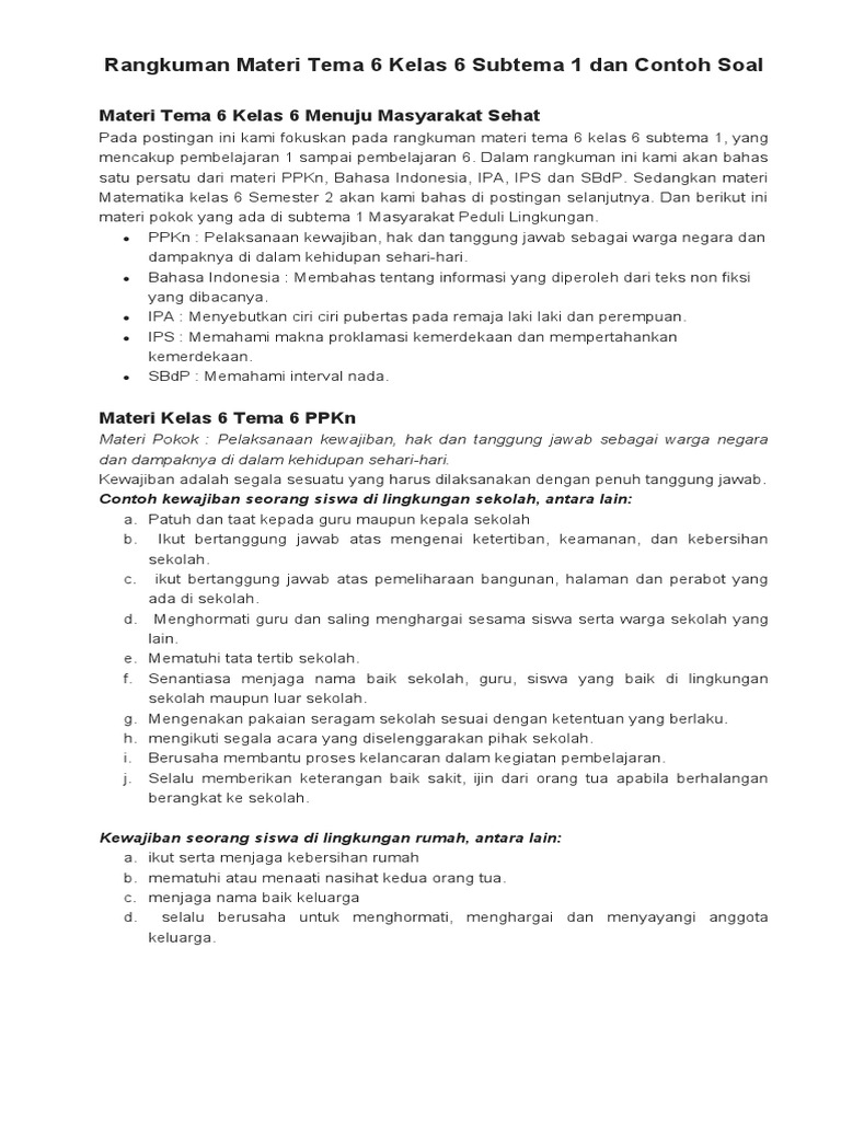 Rangkuman Materi Tema 6 Kelas 6 Subtema 1 Dan Contoh Soal | PDF Rangkuman Materi Tema 6 Kelas 6 Subtema 1 Dan Contoh Soal | PDF