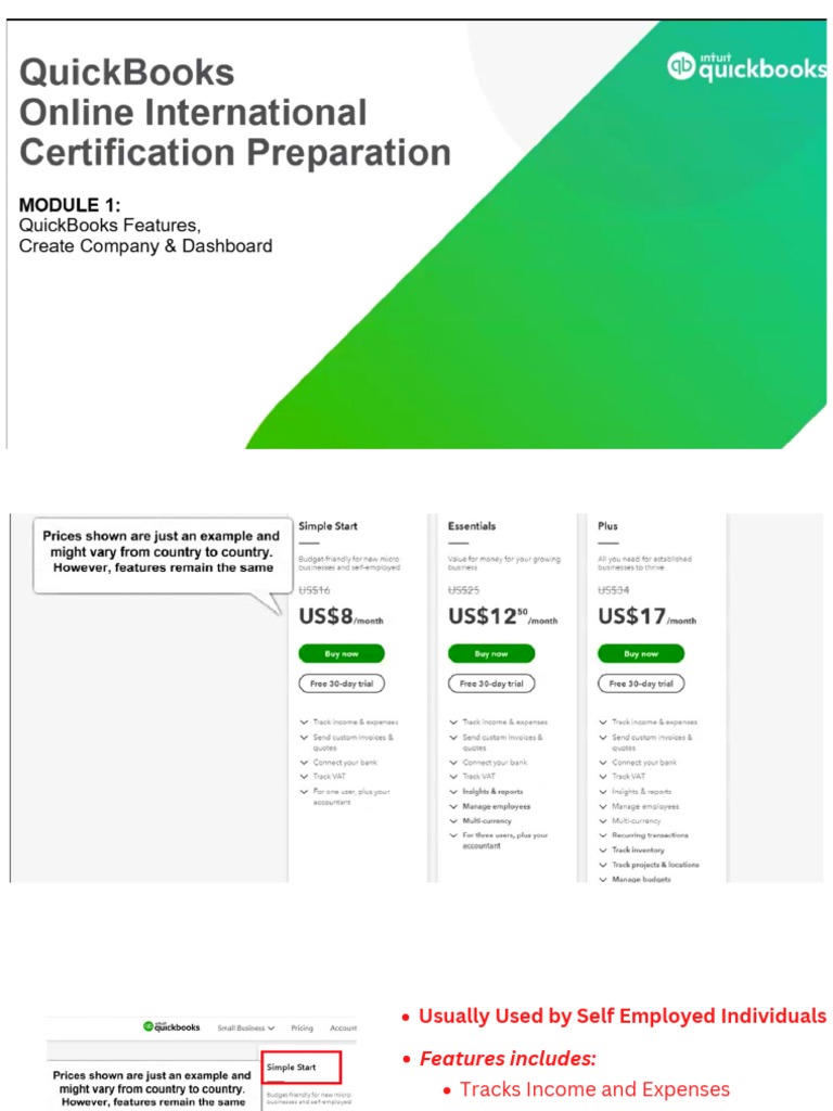 Module 1 Quickbooks Features, Subscription and Dashboard | PDF