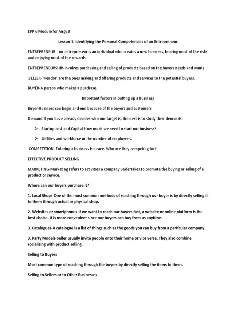 EPP 6 Module For August | PDF | Retail | Entrepreneurship