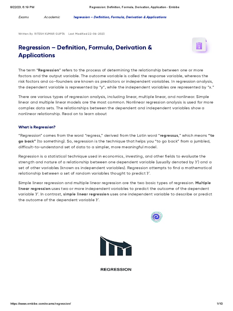 Regression - Definition, Formula, Derivation, Application - Embibe ...