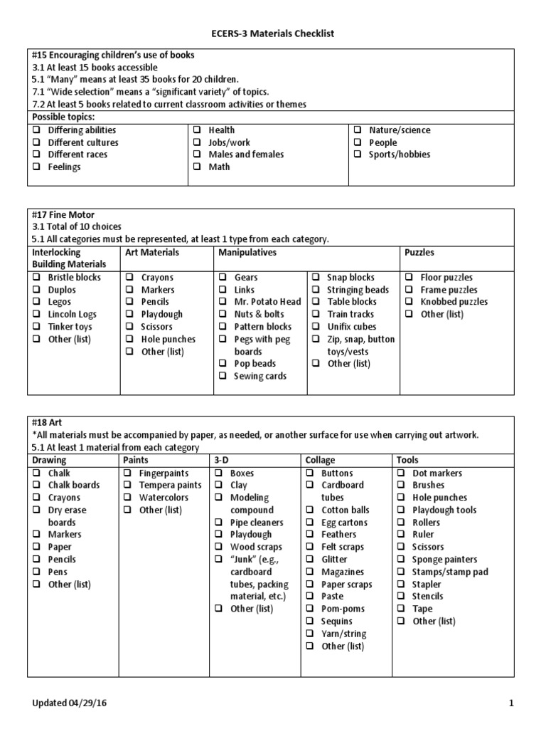 ECERS 3 Materials Checklist Revised | PDF