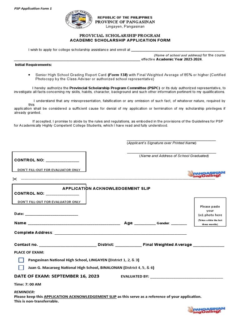 PSP Application Form 1 and Admission Slip | PDF