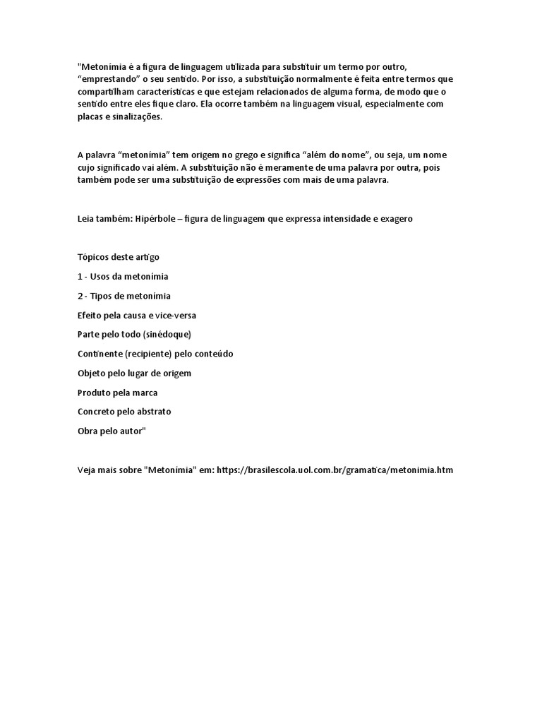 Metonímia É A Figura de Linguagem Utilizada para Substituir Um Termo ...