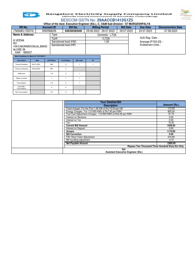 BESCOM Electricity Bill July 2023 | PDF | Taxes | Economies
